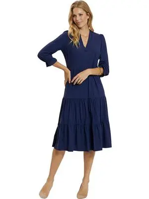 Jude Connally Tiered Midi Dress With V-neckline And Flutter Cuffs - Navy
