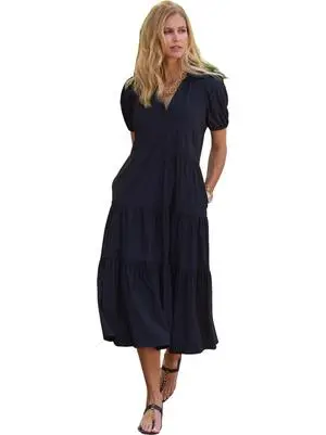 Jude Connally Portia Tiered Midi Dress With Puff Sleeves - Black