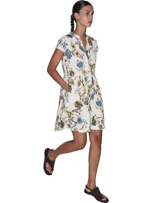 ME+EM Jacobean Garden Print Short Tiered Swing Dress - Light Cream Multi