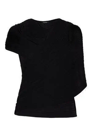 Balmain Draped Ribbed Jersey Blouse - Black