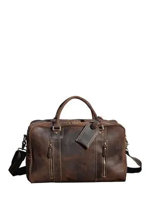TOURI Genuine Leather Overnight Bag With Adjustable Shoulder Strap