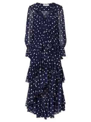 SELF-PORTRAIT Tiered Ruffled Polka Dot Georgette Midi Dress - Blue