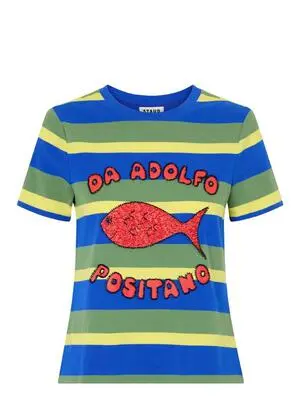 Staud X Da Adolfo Striped Cotton-blend T-shirt With Fish Emblem - Blue