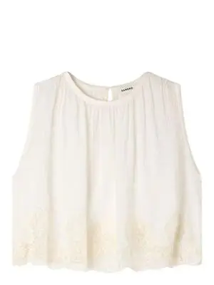 Sandro Crepon Crop Top With Lace Trim - Black