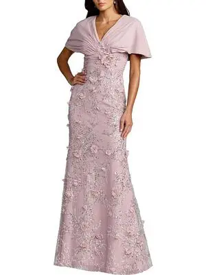 Mac Duggal Chiffon Faux Wrap Dress With Beaded Skirt Column Gown - Rose