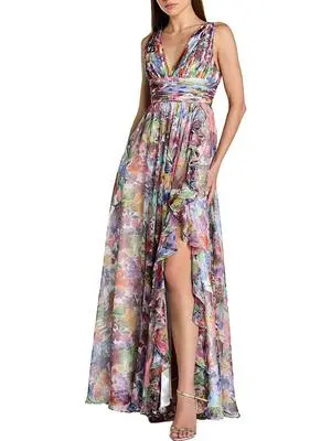 Mac Duggal Sleeveless Printed Chiffon V Neck Ruched Gown - Multi