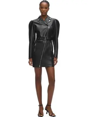 Karl Lagerfeld Faux Leather Biker Dress With Voluminous Sleeves And Belt - Black