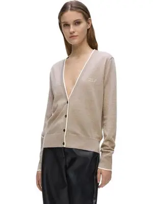 Karl Lagerfeld Merino Wool V-neck Cardigan With Contrast Piping - Sandstone Melange