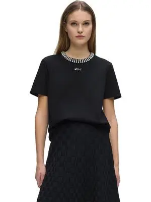 Karl Lagerfeld Karl Lagerfeld Faux-Pearl Neck Organic Cotton T-Shirt Black