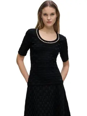 KARL LAGERFELD Karl Lagerfeld Faux Pearl Embellished Short-Sleeve Knit Top