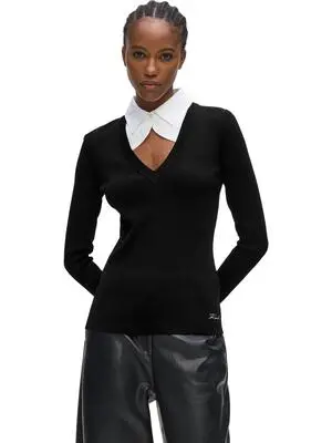 Karl Lagerfeld Contrast Collar Knit Polo Shirt - Black/white