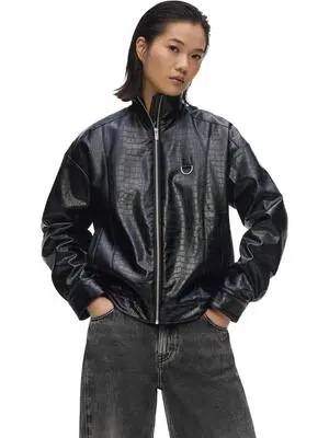 KL JEANS Jeans Croco-effect Faux Leather Bomber Jacket - Black