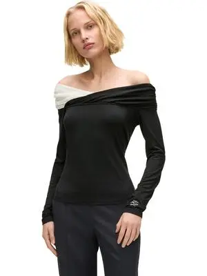 Karl Lagerfeld Off-shoulder Top With Draped Neckline And Embroidered Logo - White/black
