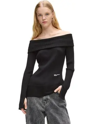 Karl Lagerfeld Off-shoulder Ribbed Knit Top - Black