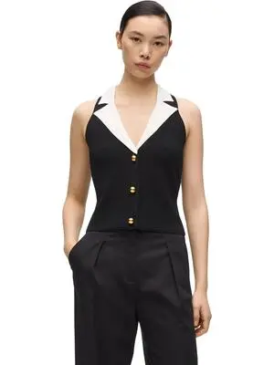 Karl Lagerfeld Sleeveless Tailored Knit Top With White Collar And Gold Logo Buttons - Black/white