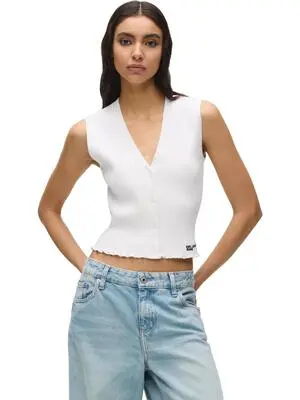 KL JEANS Jeans Sleeveless V-neck Rib-knit Button-down Top - White