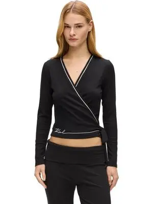 Karl Lagerfeld Signature Loungewear Wrap Top - Black