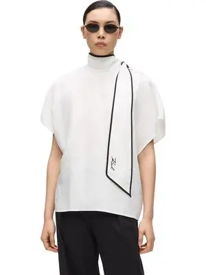 Karl Lagerfeld Karl Lagerfeld Short-Sleeve High Neck Blouse With Self-Tie Scarf And Contrast Piping Pristine