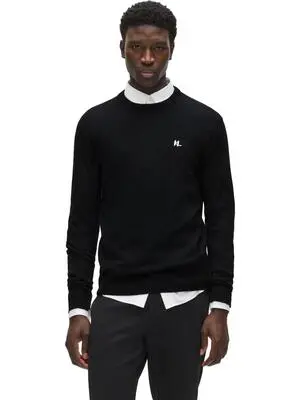 Karl Lagerfeld Merino Wool Crew Neck Sweater With Monogram Embroidery - Black