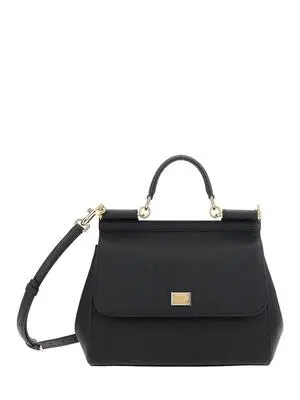 Dolce & Gabbana Sicily" Grained Leather Handbag With Logo Plate - Black