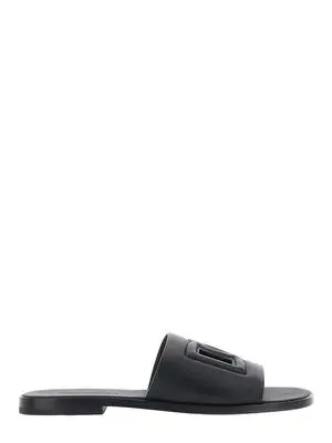 Dolce & Gabbana Dolce & Gabbana Black Leather Cut-Out Logo Detail Flat Sandals Multicolor