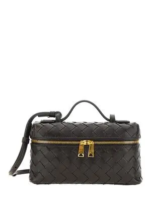 Bottega Veneta Vanity Case With Removable Shoulder Strap And Intreccio Motif In Leather - Brown