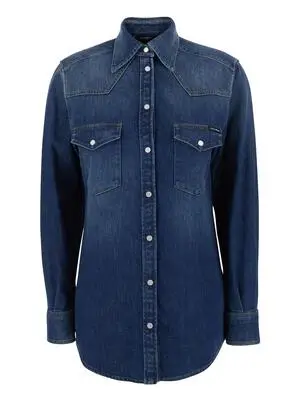 Dolce & Gabbana Denim Shirt With Metallic Logo Patch - Multicolor
