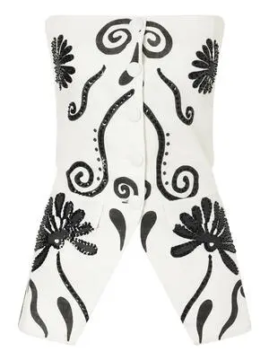 CALA DE LA CRUZ Milos Strapless Sequin-embellished Floral Linen Top - Neutrals
