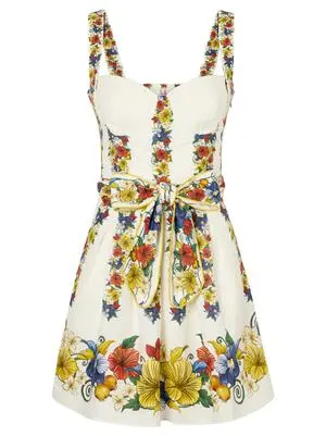 Farm Rio Belted Floral Print Linen-blend Mini Dress - Neutrals