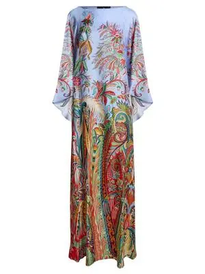 Etro Long Twill Dress With Placed Paisley Foliage Print - Blue