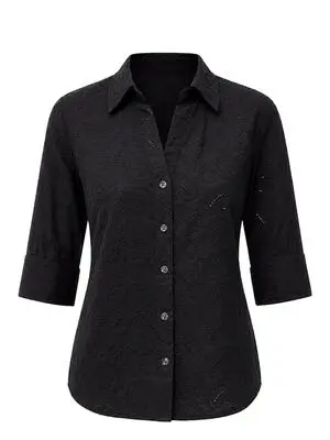 CARLOSLINES Embroidered Cotton V-neck Short Sleeve Shirt Blouse - Black