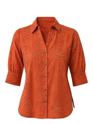 CARLOSLINES Embroidered Cotton V-neck Short Sleeve Shirt Blouse - Orange