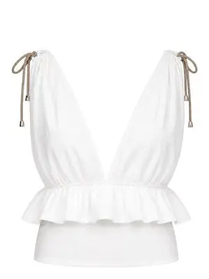 GUNDA HAFNER LTD Sleeveless Seersucker Top With Ruffle Detail - White