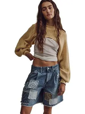 Free People We The Free Reese Patched Workwear Denim Shorts - Blue Star Patch
