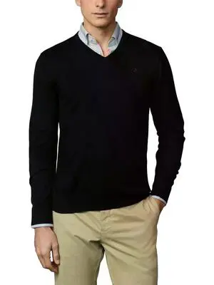 HACKETT LONDON Embroidered Logo V-neck Cotton Jumper - Black