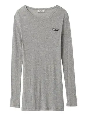 Miu Miu Ribbed Knit Jersey Dress With Logo Patch - Grey
