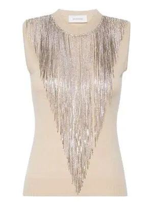 Sportmax Sleeveless Crewneck Top With Rhinestone Fringe - Beige