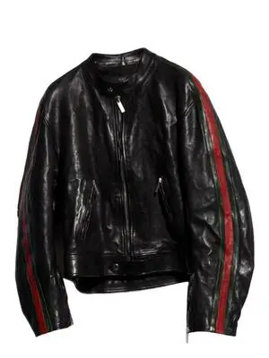 Gucci Buffalo Leather Biker Jacket With Web Detail - Black