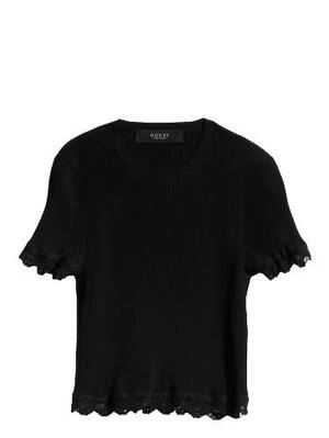 Gucci Fine Matte Viscose Ribbed Top With Lace Trim - Black