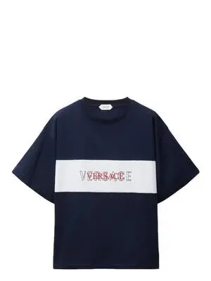 Versace Logo Embroidered Crewneck T-shirt - Blue