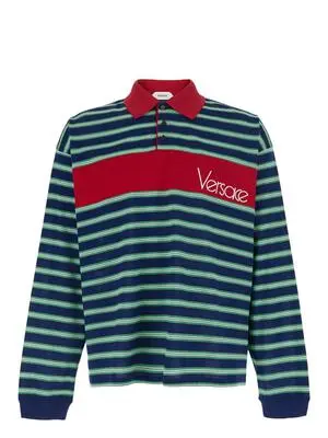 Versace Logo-detail Striped Long-sleeve Polo Shirt - Blue