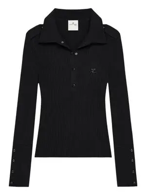 COURREGES Courrèges Ribbed Knit Polo Top With Buttoned Cuffs - Black