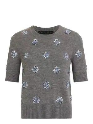 Oscar De La Renta Crystal Embroidered Pullover - Grey