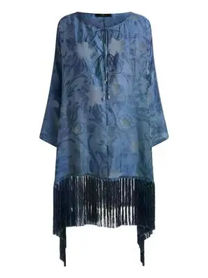 Etro Silk Jacquard Kaftan With Fil Coupé Floral Motif And Fringing - Blue
