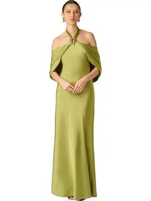 Aidan Mattox Satin Draped Shawl Halter Gown - Fern