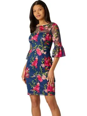 Adrianna Papell Petite Floral Embroidered Illusion Sheath Dress - Navy/pink Multi