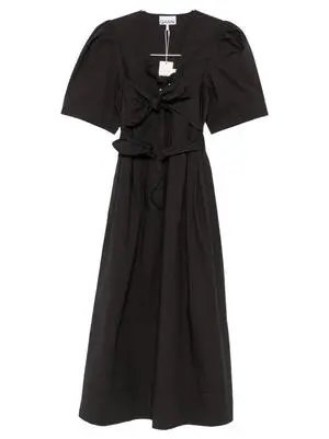 GANNI Black Organic Cotton Midi Dress With Bow Detail - Multicolor