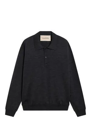 Valentino Garavani Wool Polo Shirt With Vlogo Embroidery In Anthracite - Gray