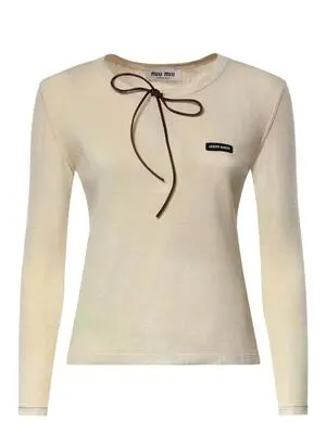 Miu Miu Cotton Waffle-knit Long-sleeve T-shirt With Bow Detail - Neutrals