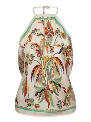 Etro Floral Print Silk Halter Neck Blouse - Neutrals